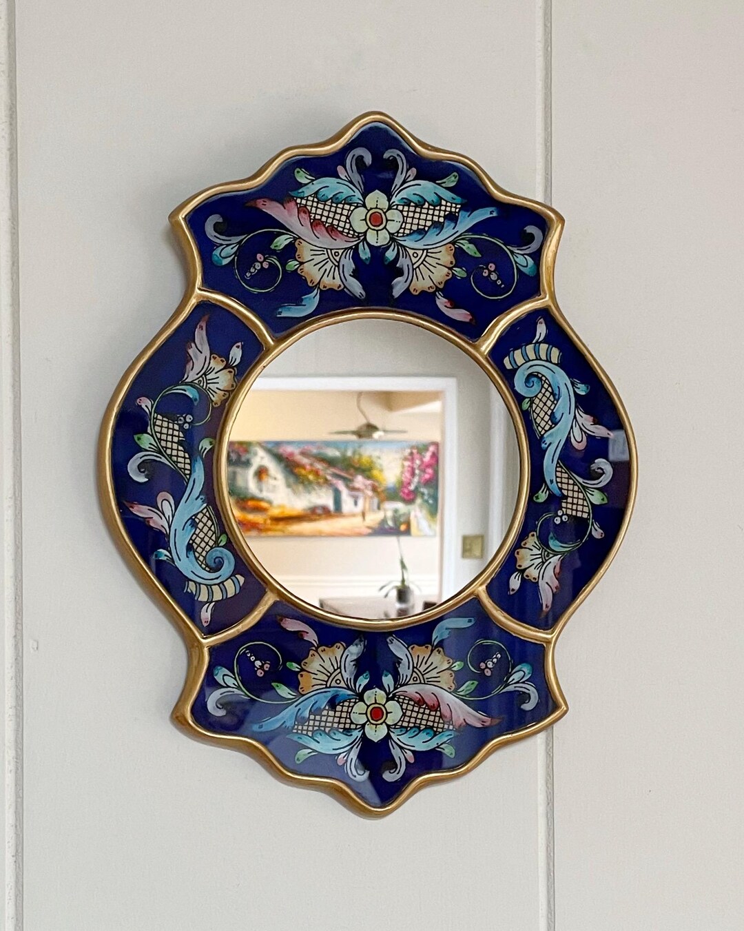 Handmade Peruvian Painted Glass Decorative Mirror, Indigo Tole Painted ...