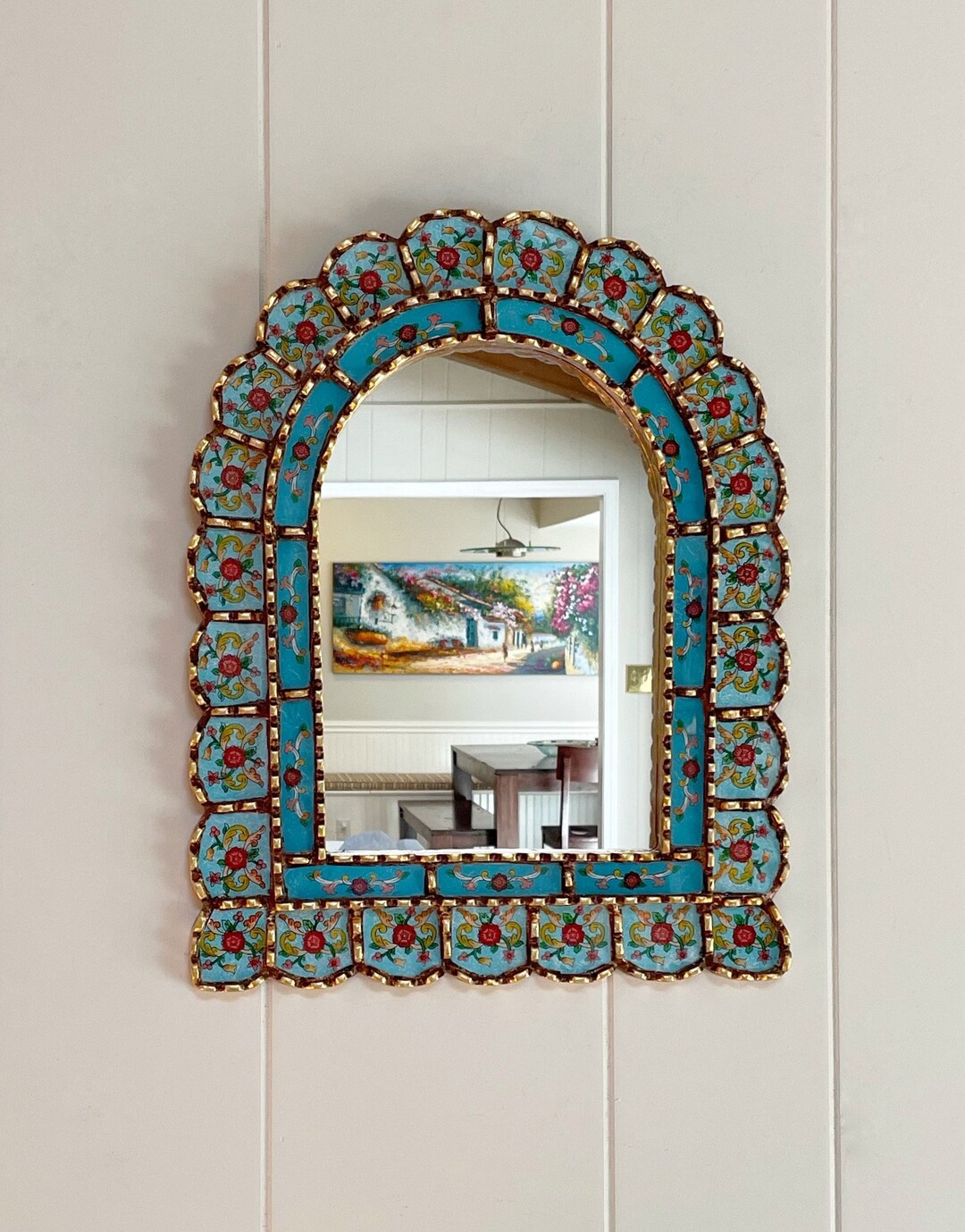 Aqua Blue Arch Mirror With Flowers, Mediterranean Arch Mirror, Spanish ...