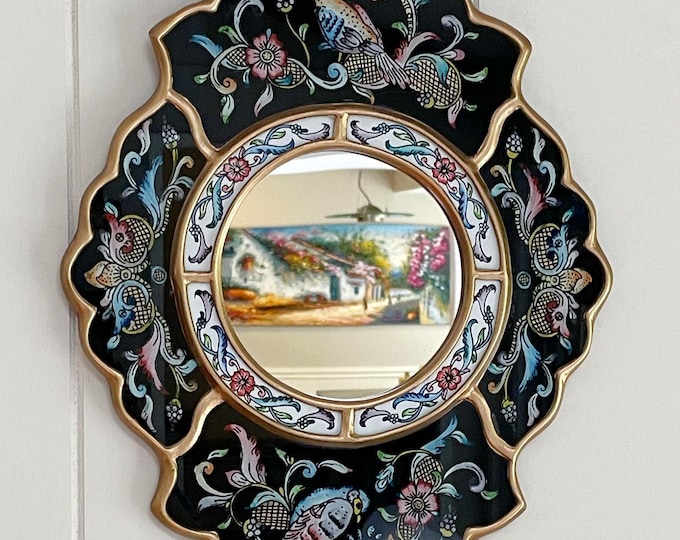 Handmade Peruvian Painted Glass Decorative Mirror With Flowers,white ...