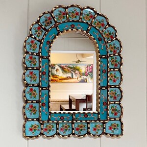 Aqua Blue Arch Mirror With Flowers, Mediterranean Arch Mirror, Spanish ...