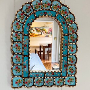 Aqua Blue Arch Mirror With Flowers, Mediterranean Arch Mirror, Spanish ...