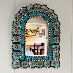 Aqua Blue Arch Mirror With Flowers, Mediterranean Arch Mirror, Spanish ...