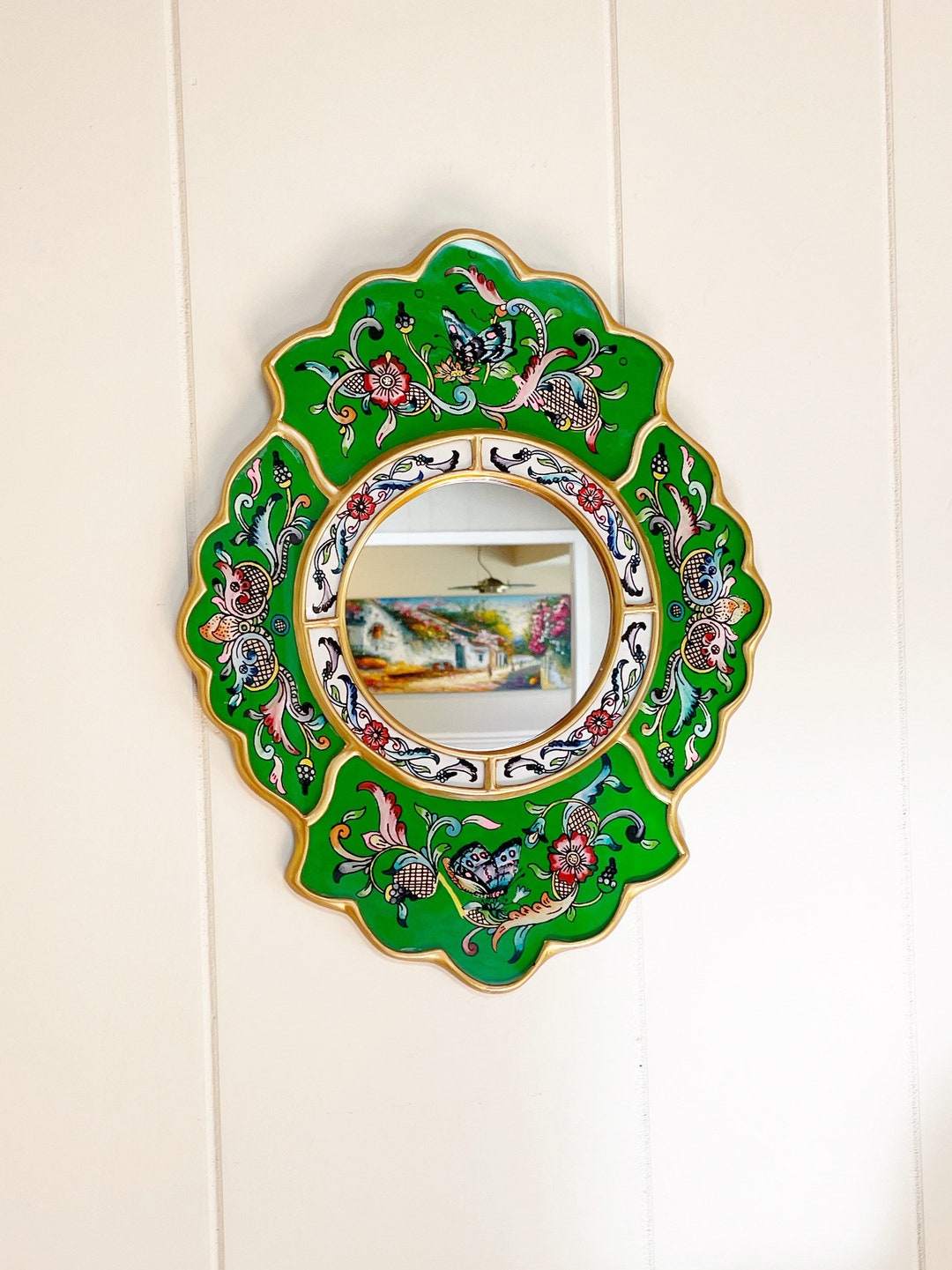 Handmade Peruvian Painted Glass Mirror, Green Tole Painted Mirror With ...