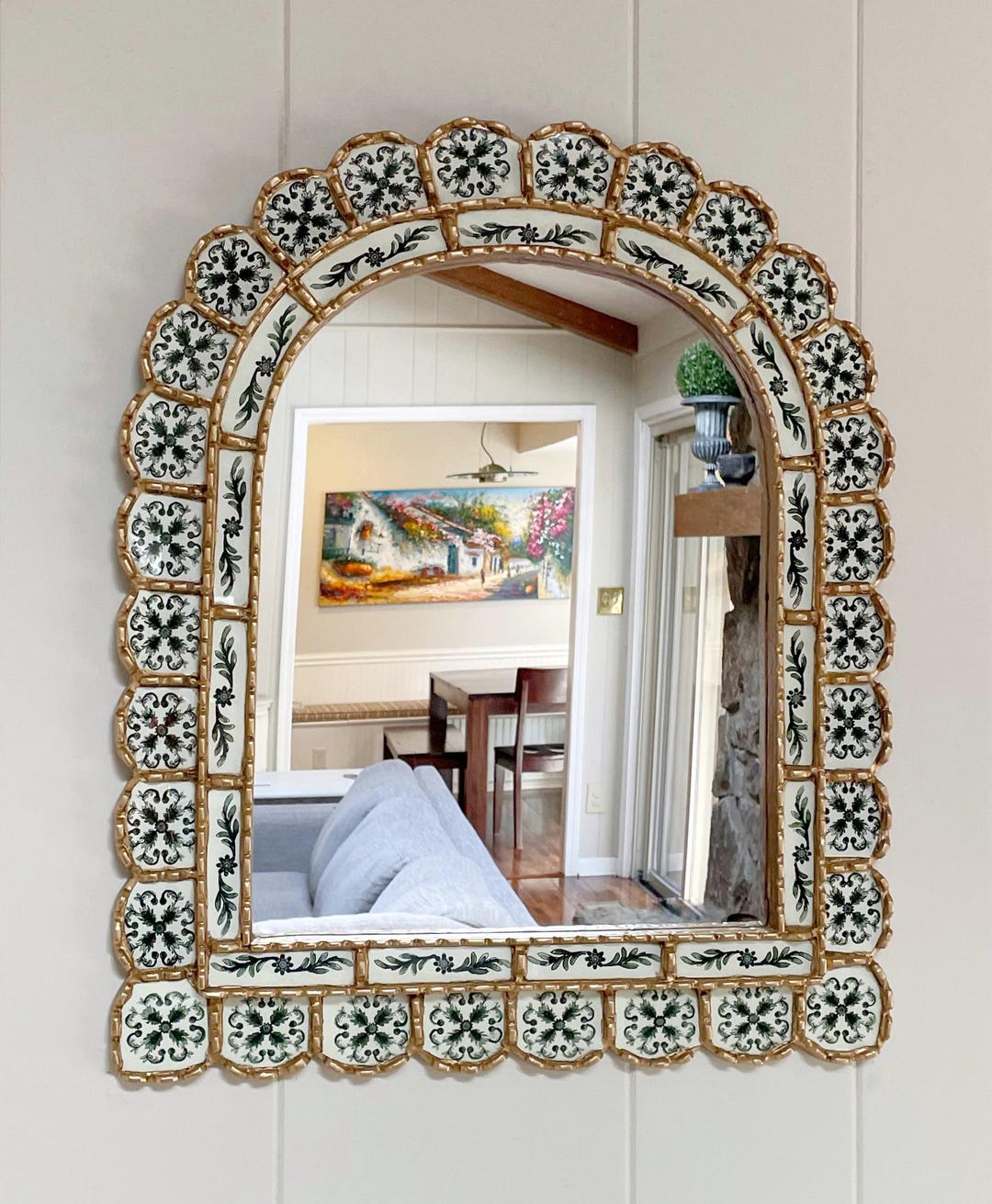 Handmade Mediterranean Tile Arch Mirror: Green, White & Gold Accent - Etsy