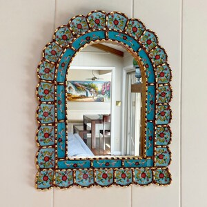 Aqua Blue Arch Mirror With Flowers, Mediterranean Arch Mirror, Spanish ...