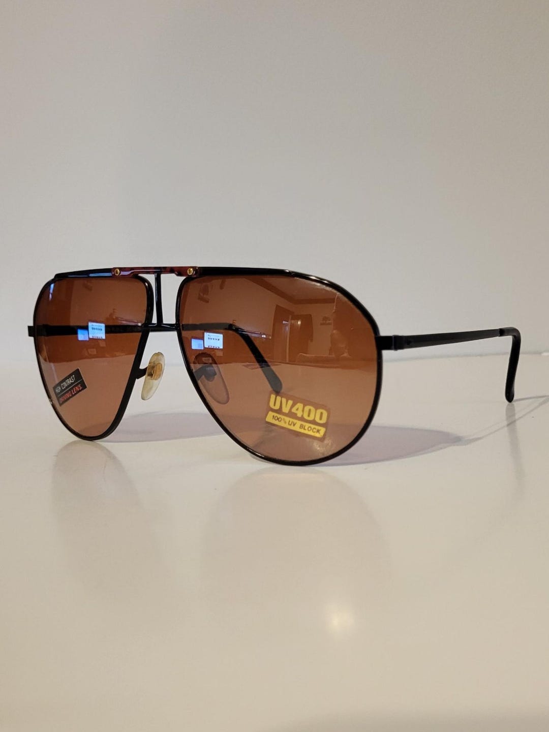 Vintage Aviator Sunglasses // Blue Sleek Glossy Black Metal Frame W Red ...