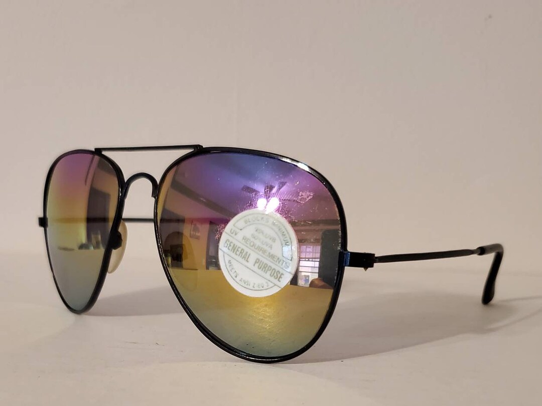 Vintage Double Bridge Aviators Sunglasses // Rainbow Lenses // Black ...