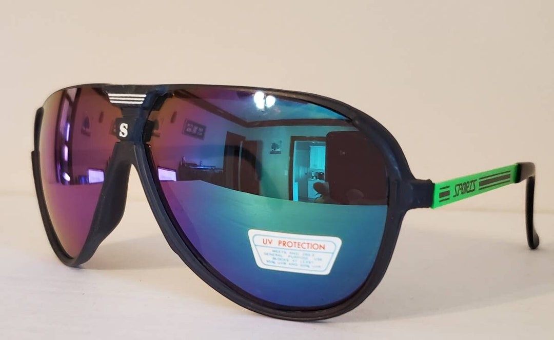 Vintage Aviator Sunglasses // Black Rubber Frames, Bright Green Legs ...