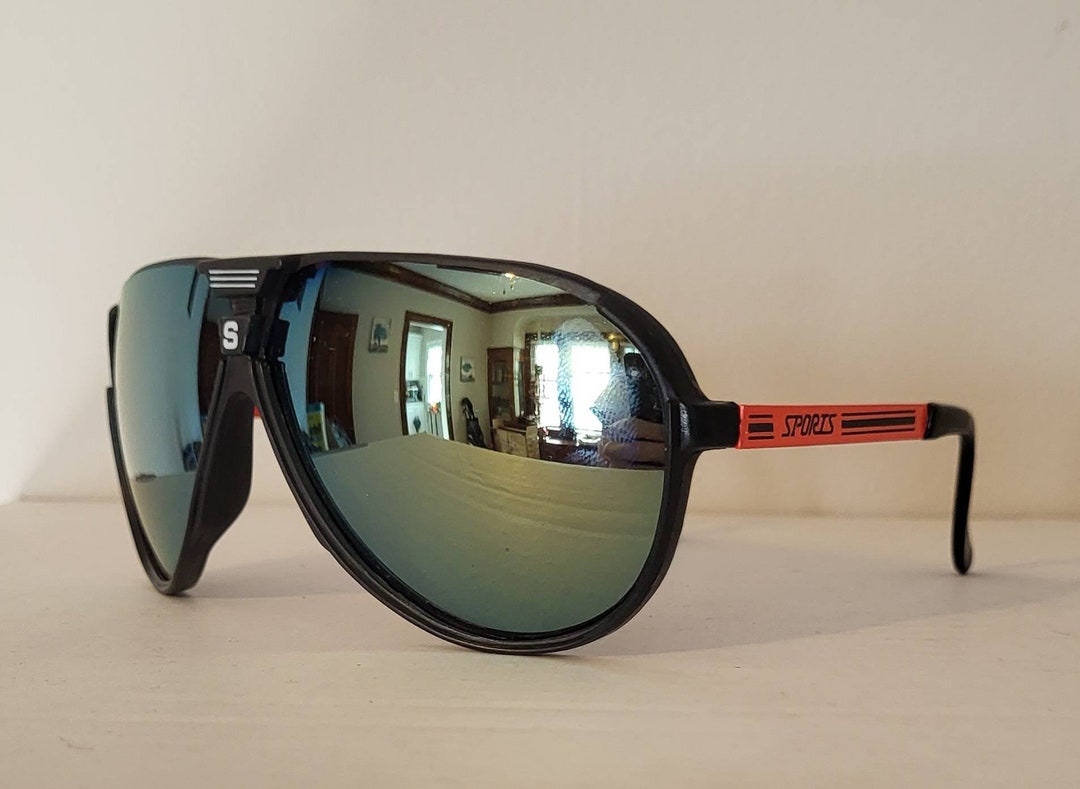 Vintage Aviator Sunglasses // Black Rubber Frames, Neon Orange Arms ...