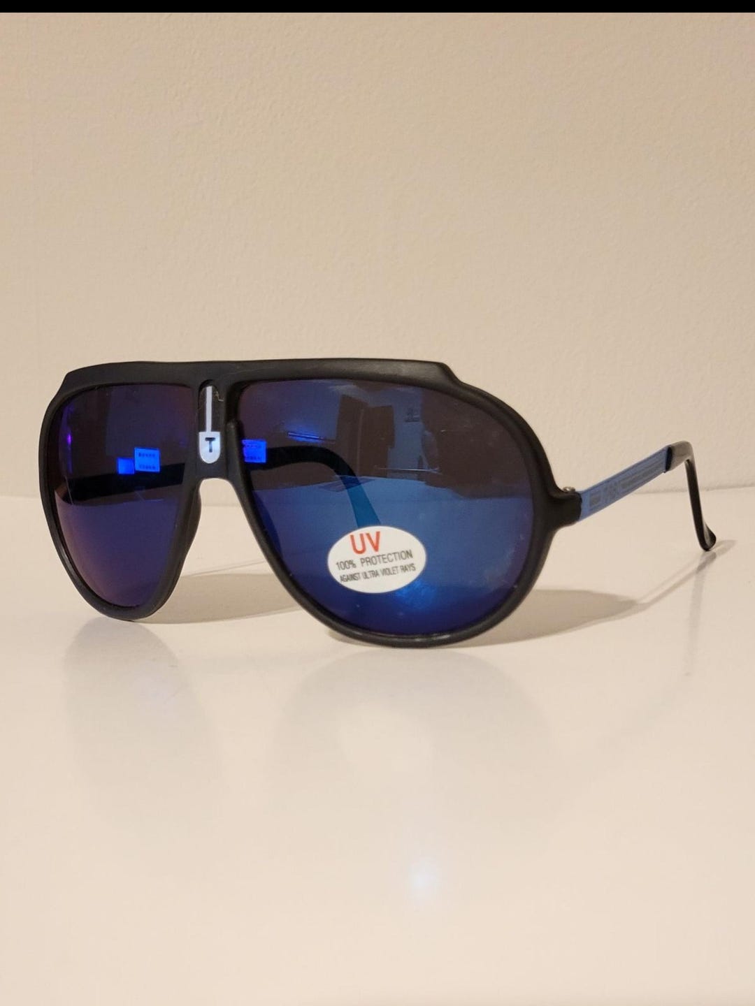 Vintage Aviator Sunglasses // Black Rubber Frames // Blue Metal Arms W ...