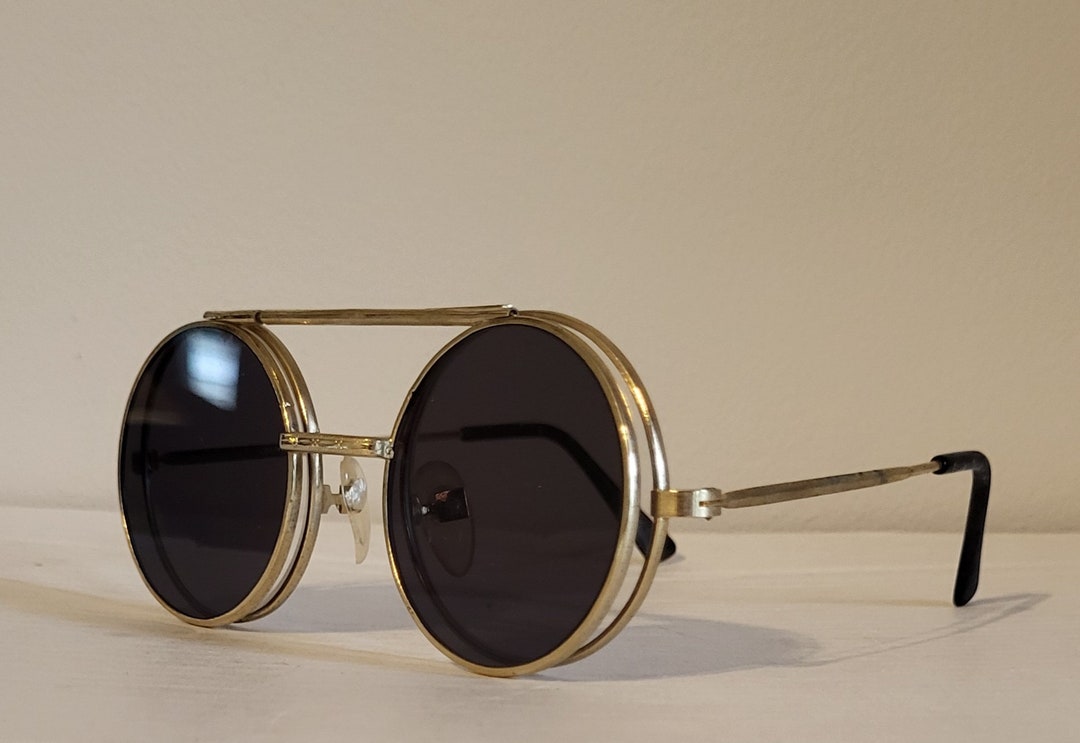 Vintage Round Flipper Sunglasses // Sturdy Gold Metal Teashade Lens ...