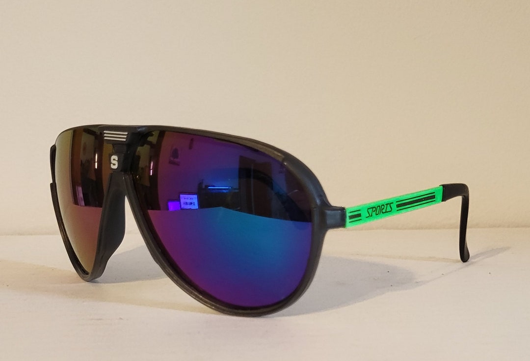 Vintage Aviator Sunglasses // Black Rubber Frames, Bright Green Legs ...