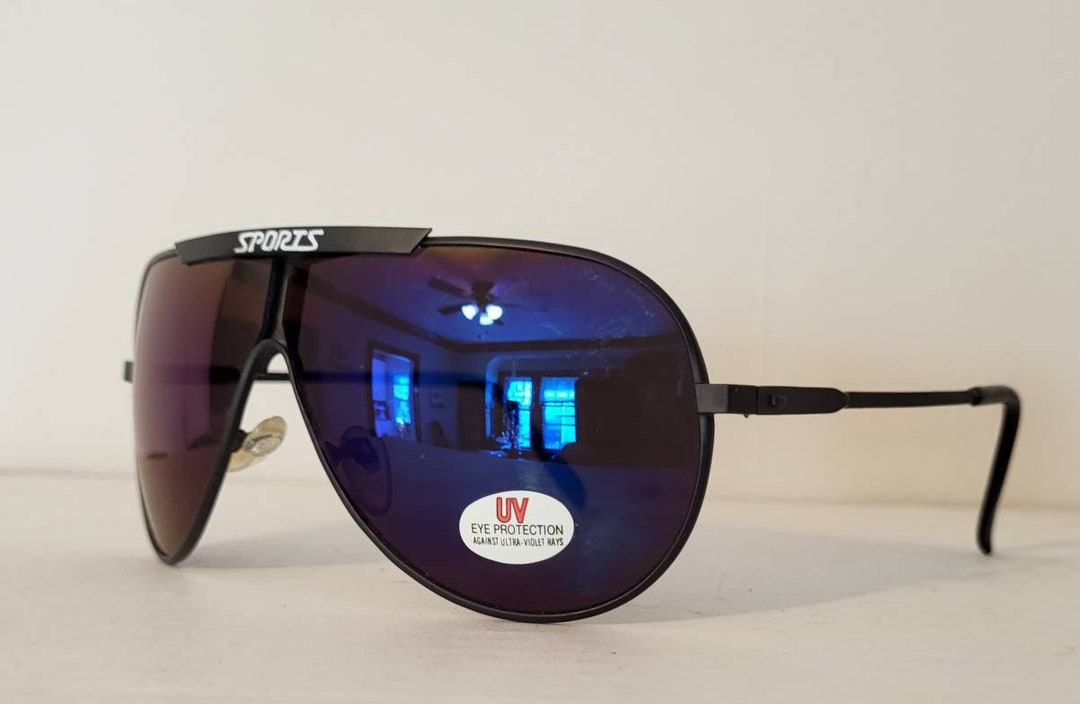 Vintage Aviator Sunglasses // Blue Mirror Tint Lenses // Matte Black ...