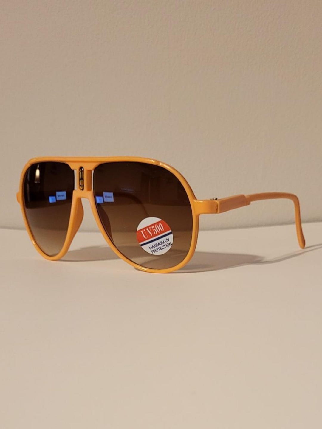 Vintage Aviator Sunglasses // Orange Plastic Frames // Gold Emblem on ...