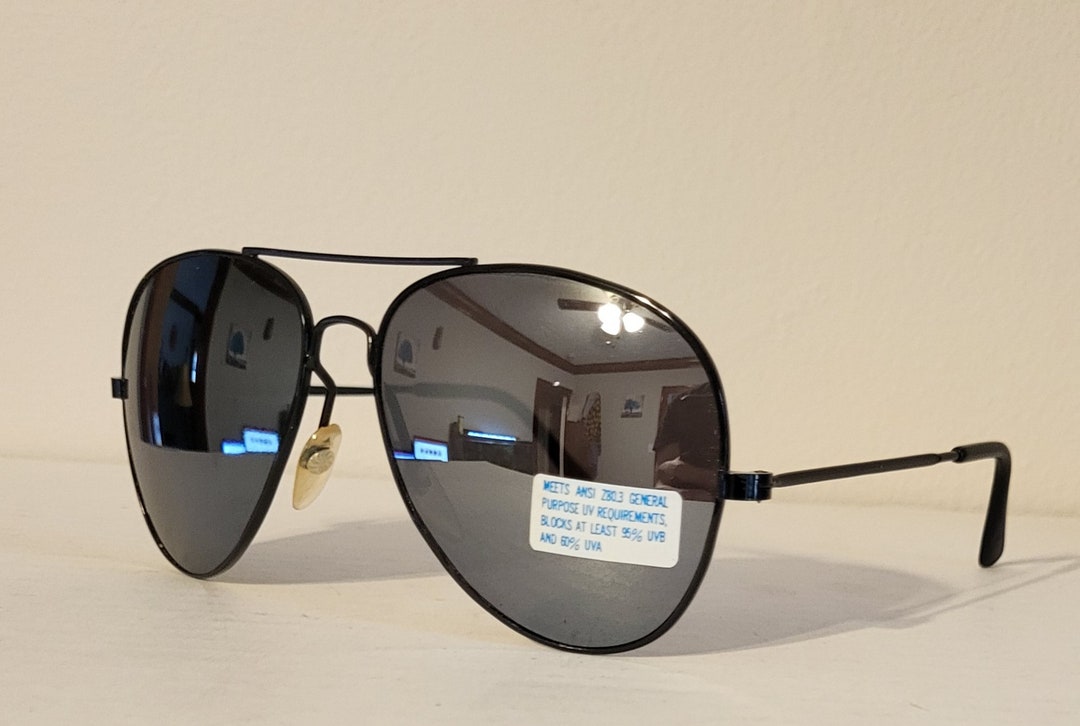 Vintage Aviator Sunglasses // Mirror Lens // Glossy Black Metal Frames ...