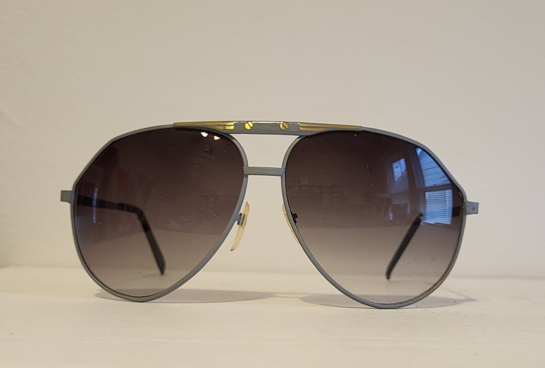 Vintage Double Bridge Aviator Sunglasses // Gray Metal Frames With Gold Pilot Decal // 90s ...