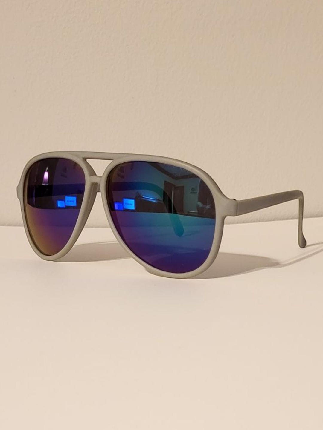 Vintage Aviator Sunglasses // Matte Grey Plastic Basic Aviators // Blue ...