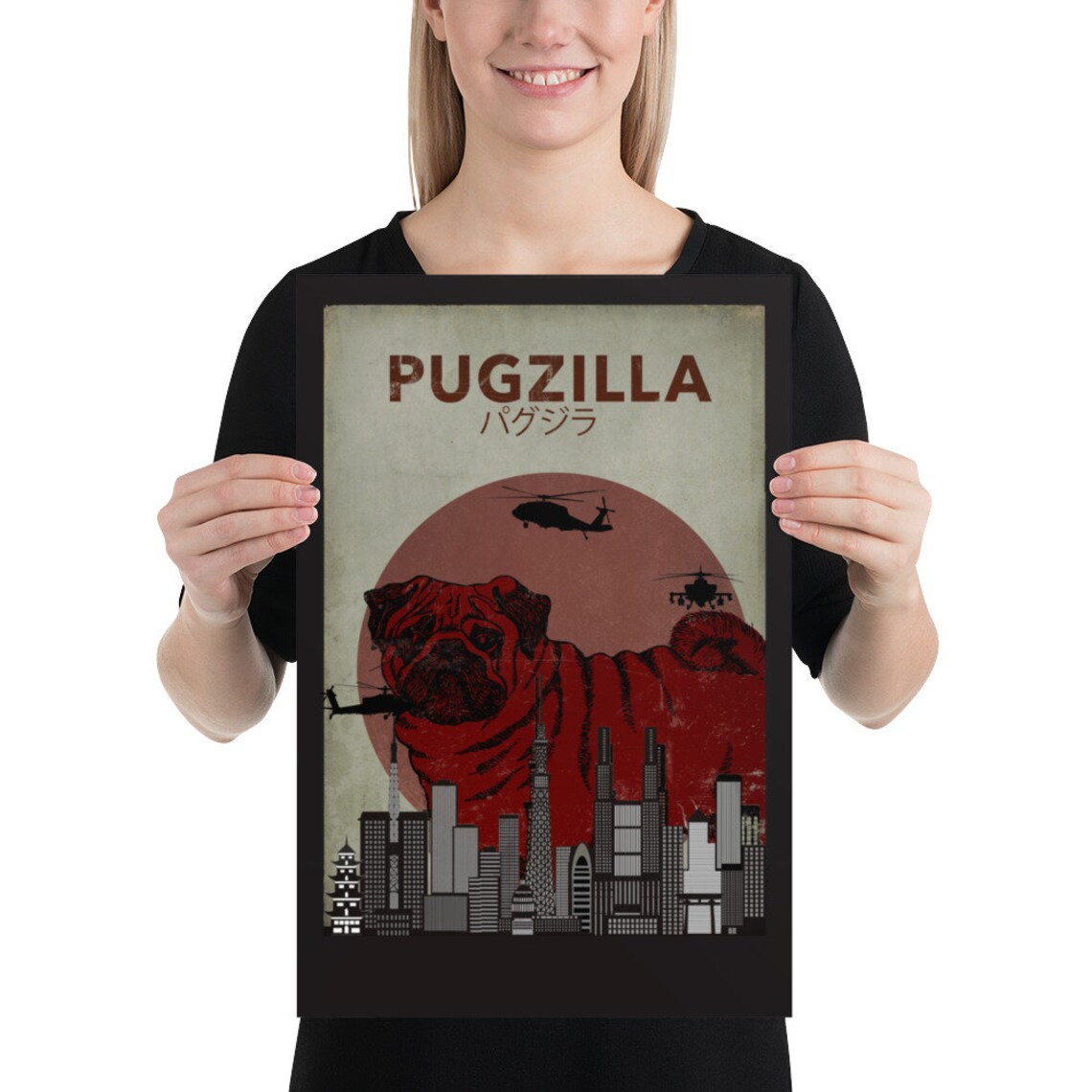 Pug Poster Pugzilla Movie Poster Style Giclée Quality Wall Art Free ...