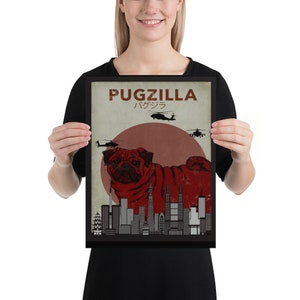 Pug Poster Pugzilla Movie Poster Style Giclée Quality Wall Art Free ...