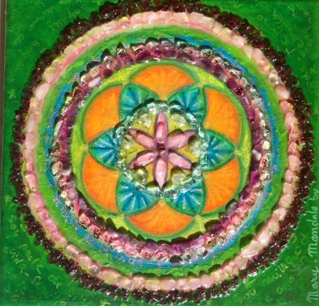 Mandala Energy Life Seed. Table with natural crystals. 20cmX20cm