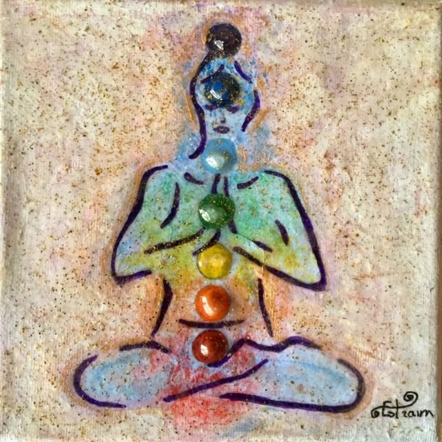 Harmony of the 7 chakras. Painting on canvas and crystals.
