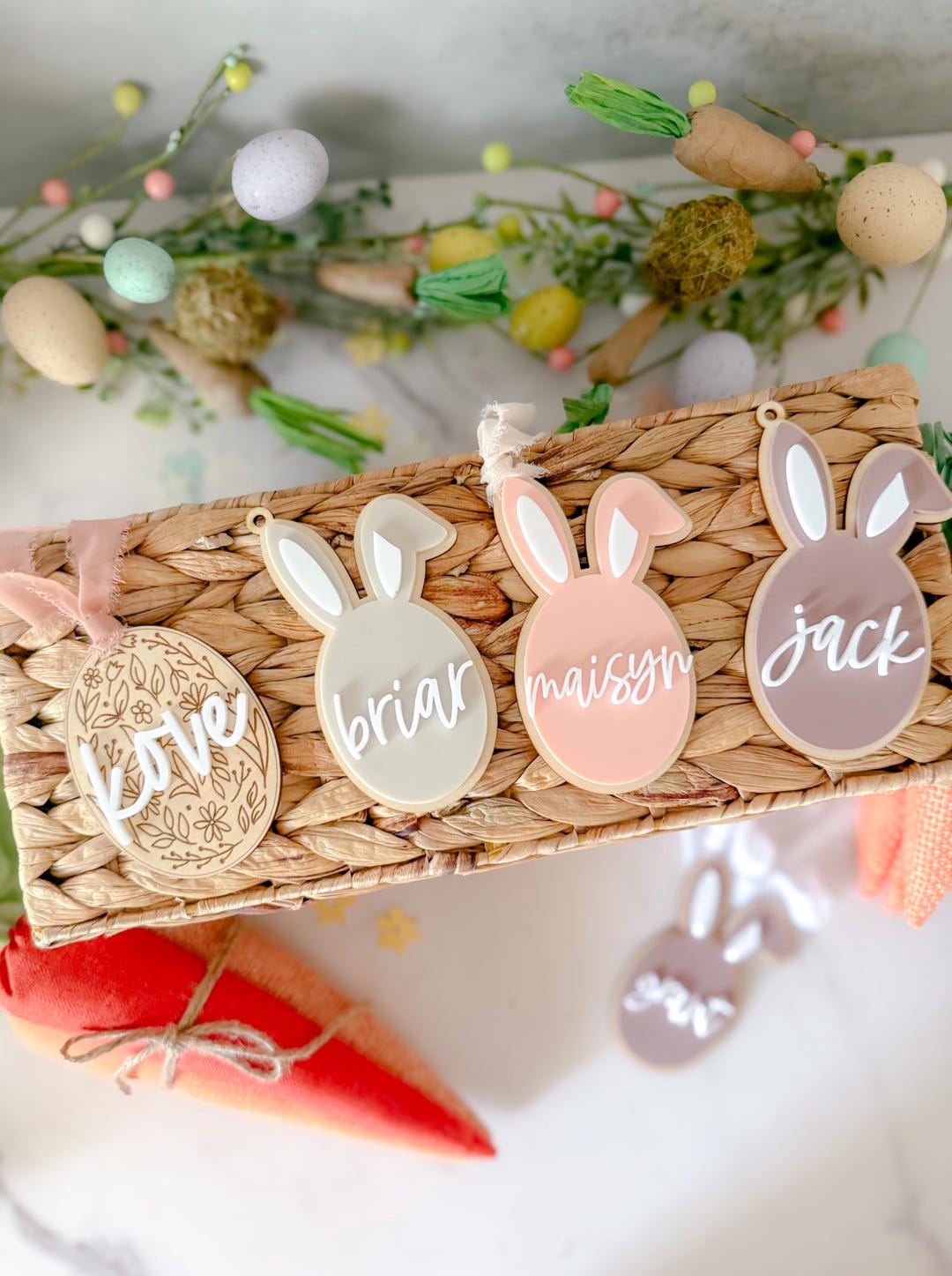 Personalized Bunny & Easter Egg Name Tags – Engraved Floral Easter ...