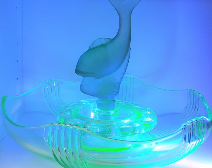 JOSEPH INWALD POISSON Volant Green Fish Set Frog and Bowl Uranium Glass ...
