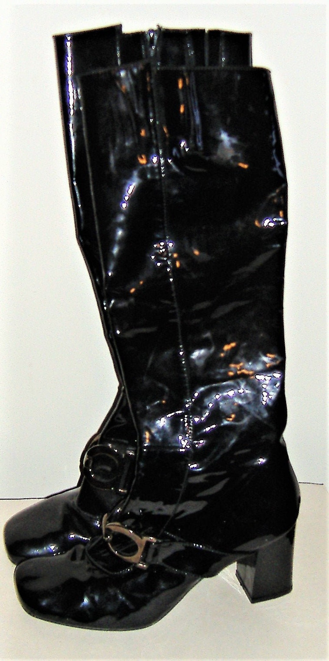 LOVELY 1960S/70S BLACK PVC Tall Boots With Buckle Detail - Etsy UK