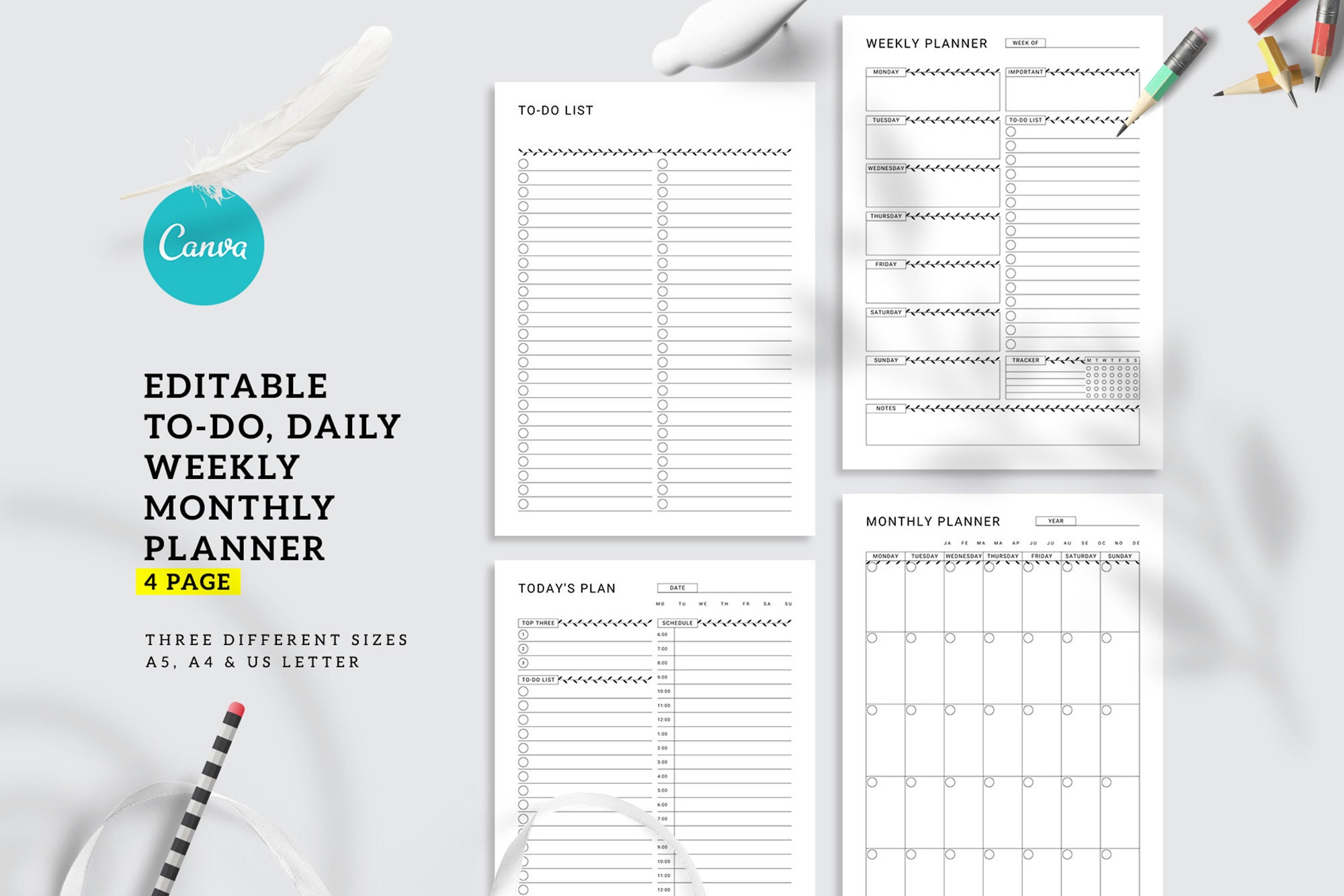 Editable Canva Daily Weekly Monthly to Do List Planner, Canva Weekly ...