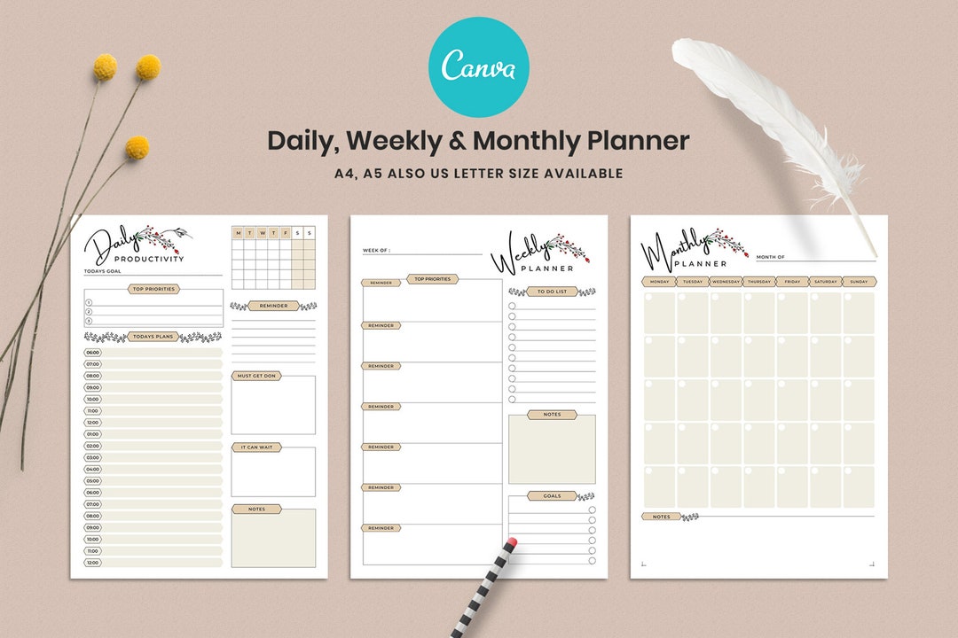 Daily Weekly Monthly Canva Planner Template Editable Canva Planner 