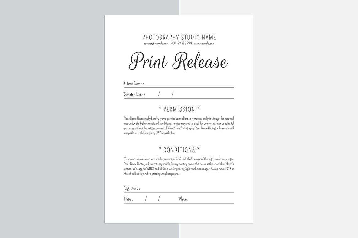 Photo Print Release Forms, Photography Forms, Forms for Photographer ...
