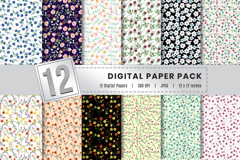 Watercolor Floral Digital Papers 12x12in Sheets 300 Dpi - Etsy