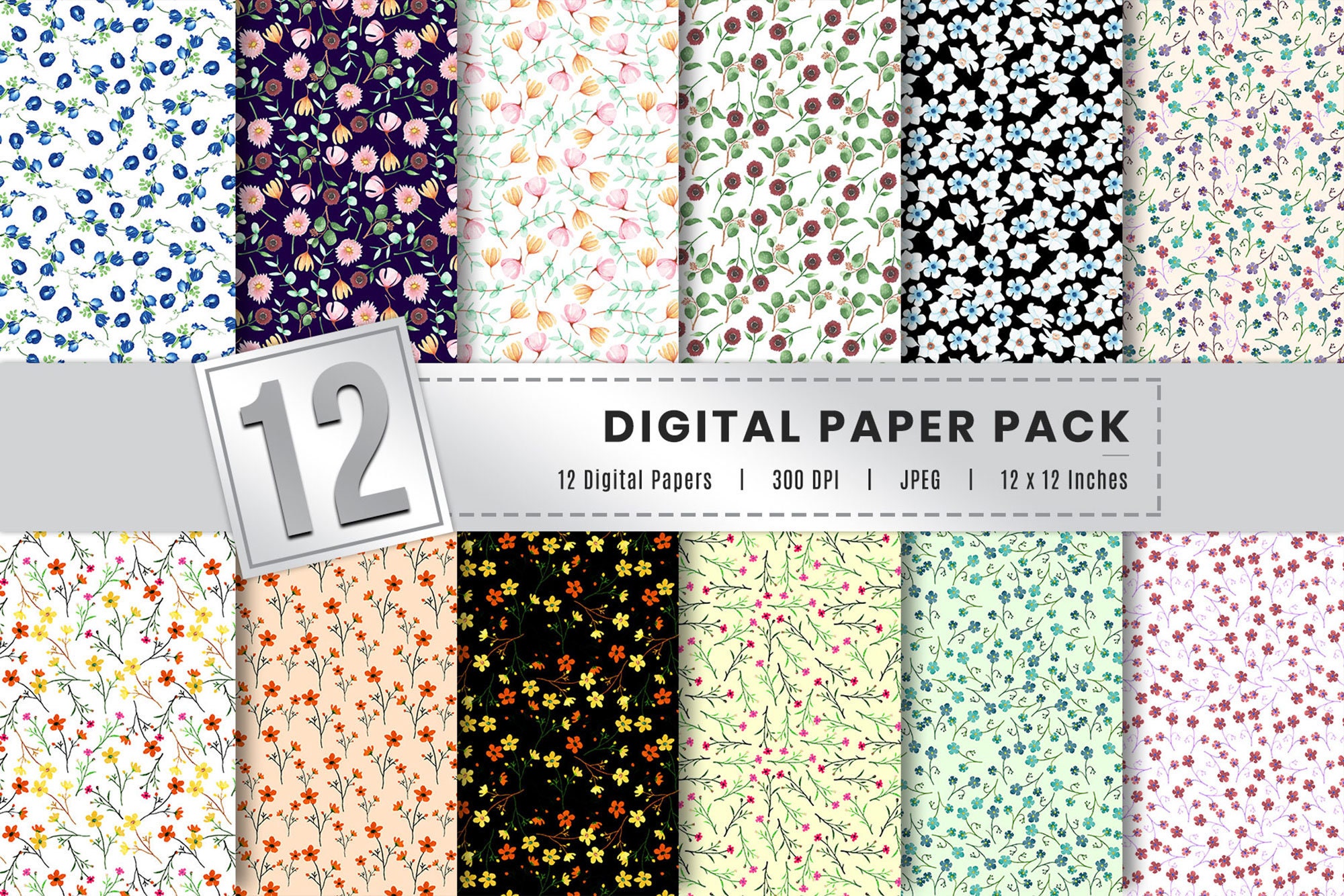 Watercolor Floral Digital Papers 12x12in Sheets 300 Dpi - Etsy