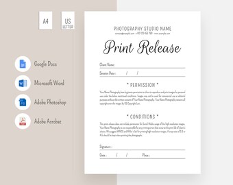 Photo Print Release Form Letter Size, Photography Forms, Forms for ...