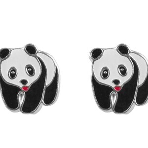 Pair of 925 Solid Sterling Silver Black Enamel Panda Ear Studs - Etsy