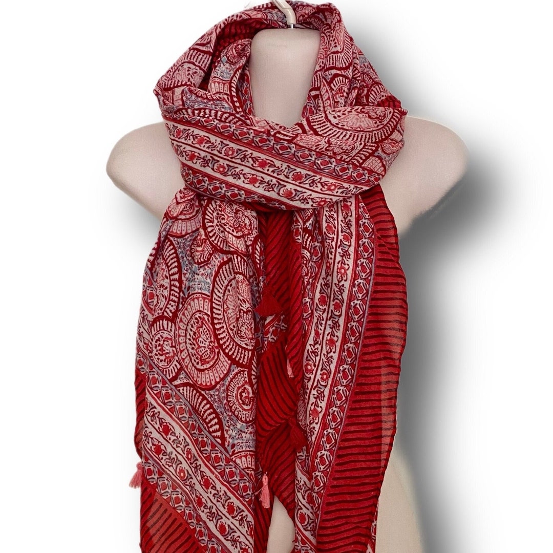 Maroon Red Paisley Pattern Scarf With Tassels for Women,spring Summer ...