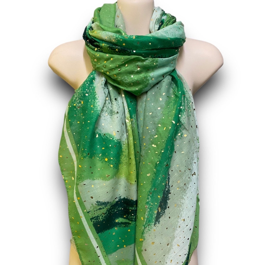 Watercolour Brushstroke With Gold Flakes Green Scarf/spring Summer ...