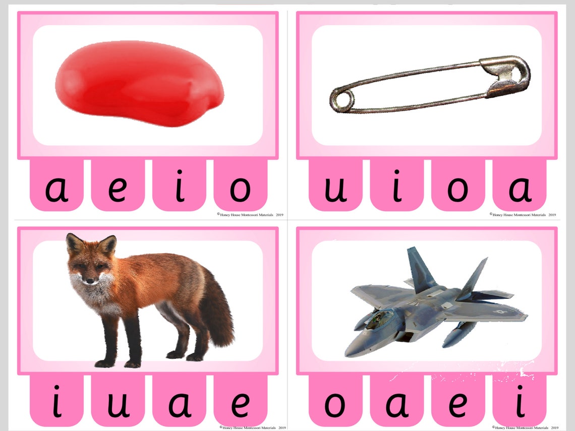 PINK SERIES - Vowel Sounds - Montessori Activity - 48 Clothespin Cards ...