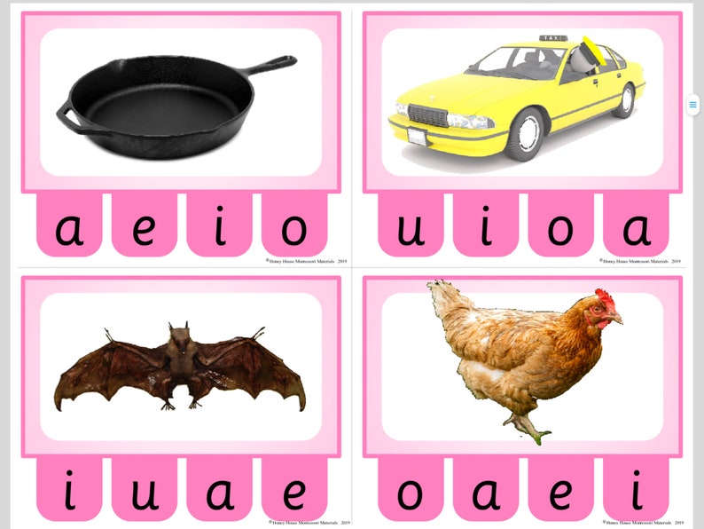 PINK SERIES - Vowel Sounds - Montessori Activity - 48 Clothespin Cards ...