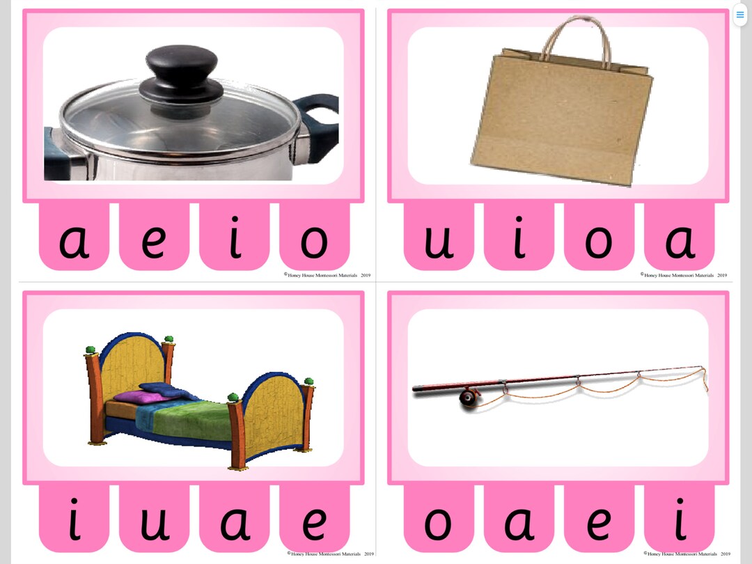 PINK SERIES - Vowel Sounds - Montessori Activity - 48 Clothespin Cards ...