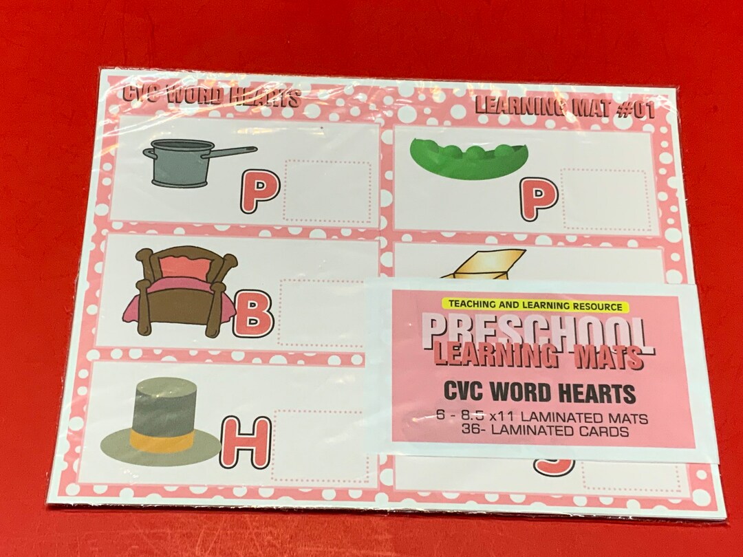 CVC Word Hearts - Set of 6 Learning Mats /36 Cards - Laminated Activity ...