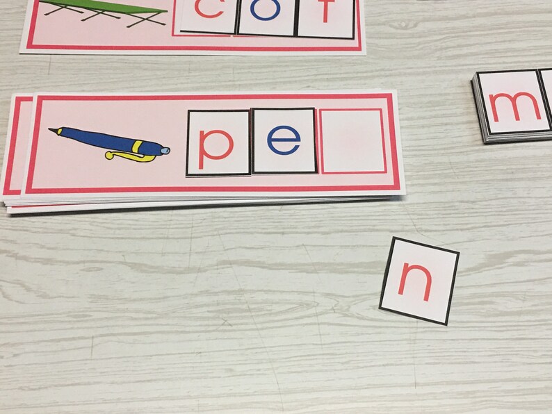 The Pink Series Picture Strips With Movable Letters Montessori Material ...