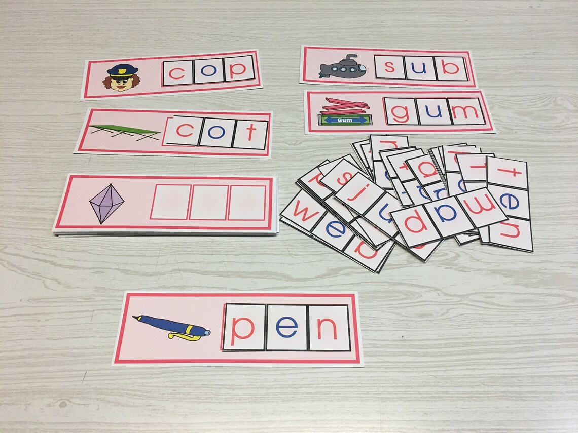 The Pink Series Picture Strips With Movable Letters Montessori Material ...