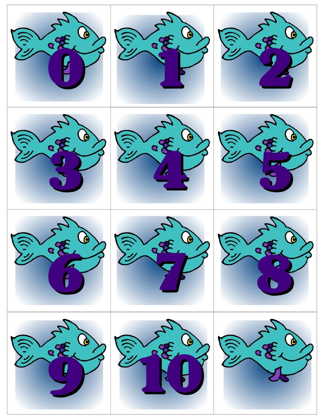 Blue Fish Number Cards 0-10: Preschool Learning (instant Download) - Etsy