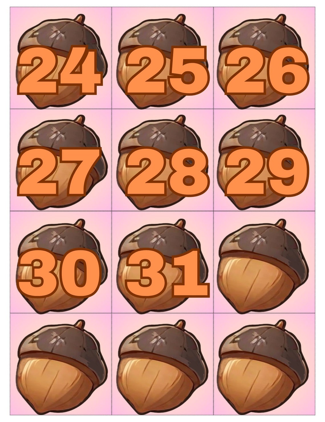 INSTANT DOWNLOAD Acorns Numbers 0-31 Pocket Chart Cards CALENDAR ...