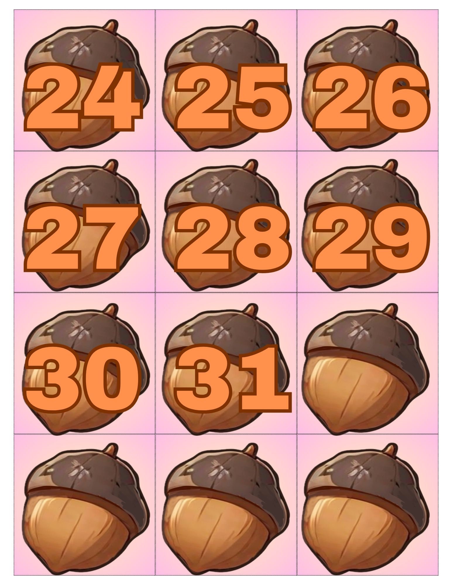 INSTANT DOWNLOAD - Acorns - Numbers 0-31 Pocket Chart Cards - CALENDAR ...