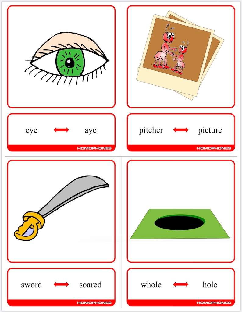 Homophone Picture Cards Set for Learning Centers - 52 Cards - Perfect ...