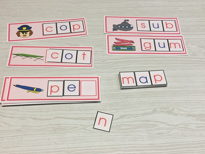 The Pink Series Picture Strips With Movable Letters Montessori Material ...