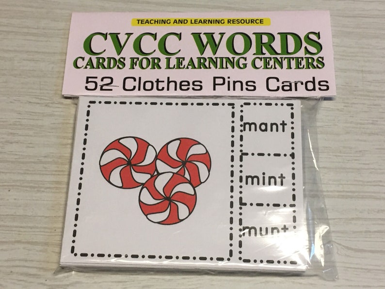 CVCC Word - Cards for Learning Center - 52 Clothes Pin Cards - Activity ...