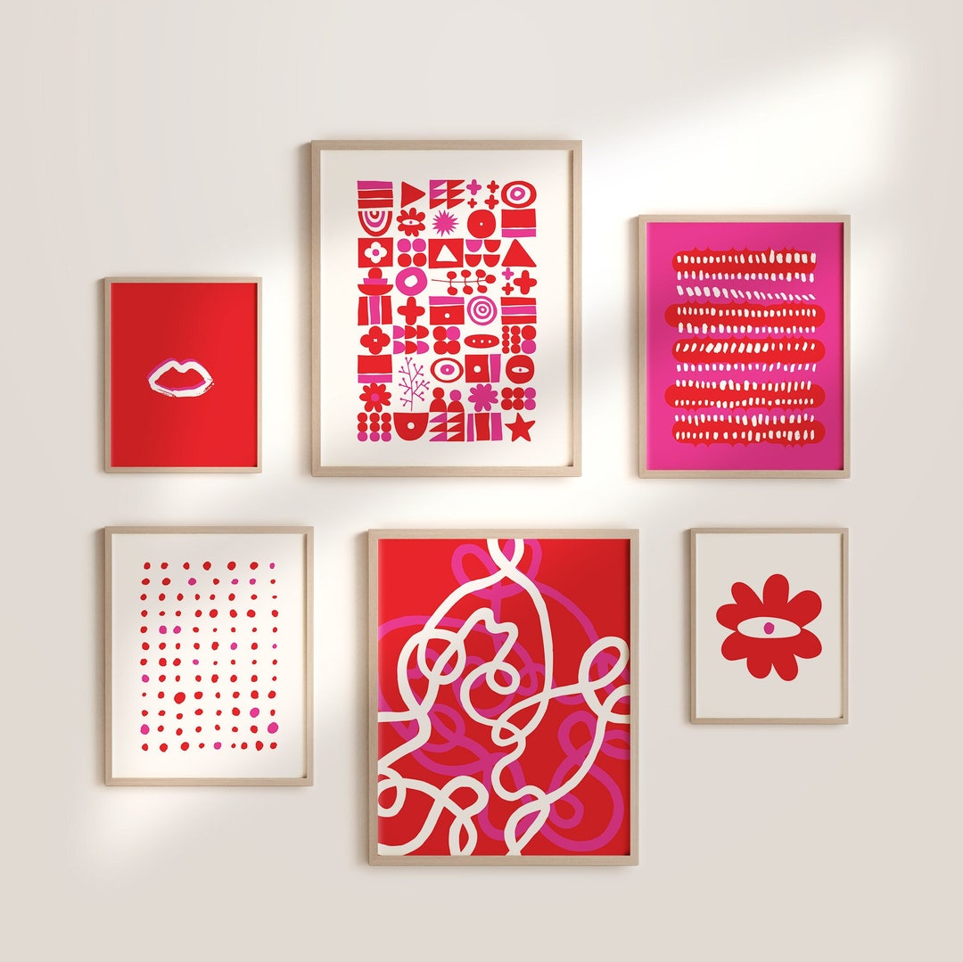 Pink and Red Abstract Art Print Set, Minimalist Gallery Wall (digital ...